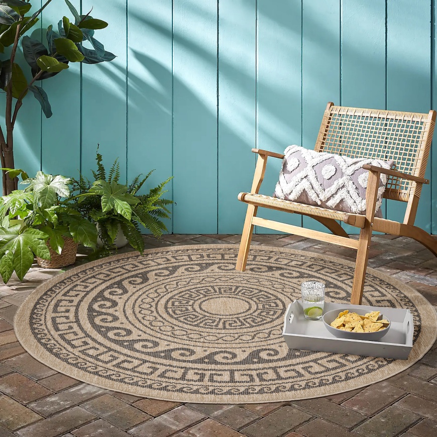 Beige Outdoor Circular Rug with Black Roman Mosaic Style| carpetsrugs ...